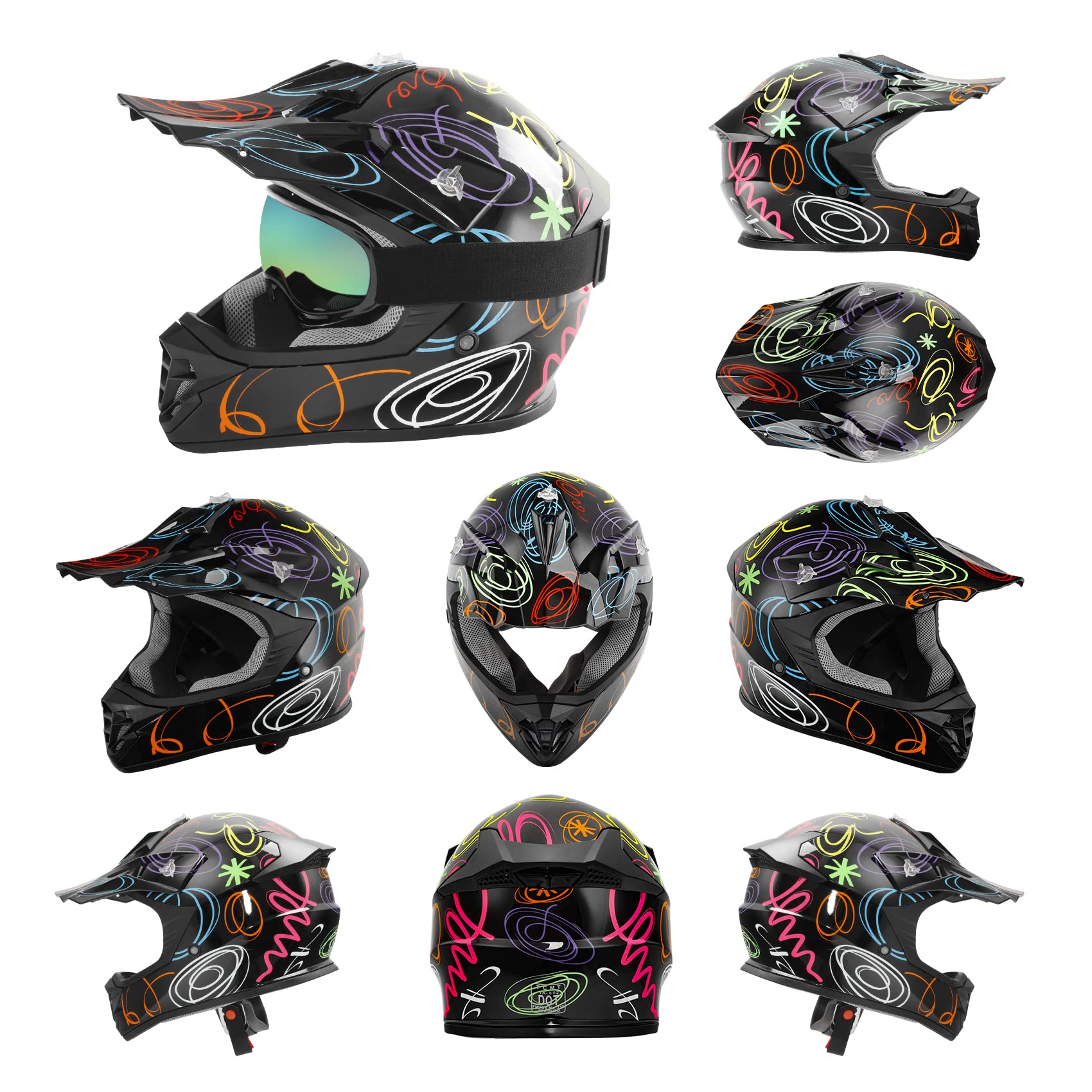 TCMT Dot Youth & Kids Motocross Offroad Street Helmet Green Flame Motorcycle Youth Helmet Dirt Bike Motocross ATV Helmet+Goggles+Gloves M