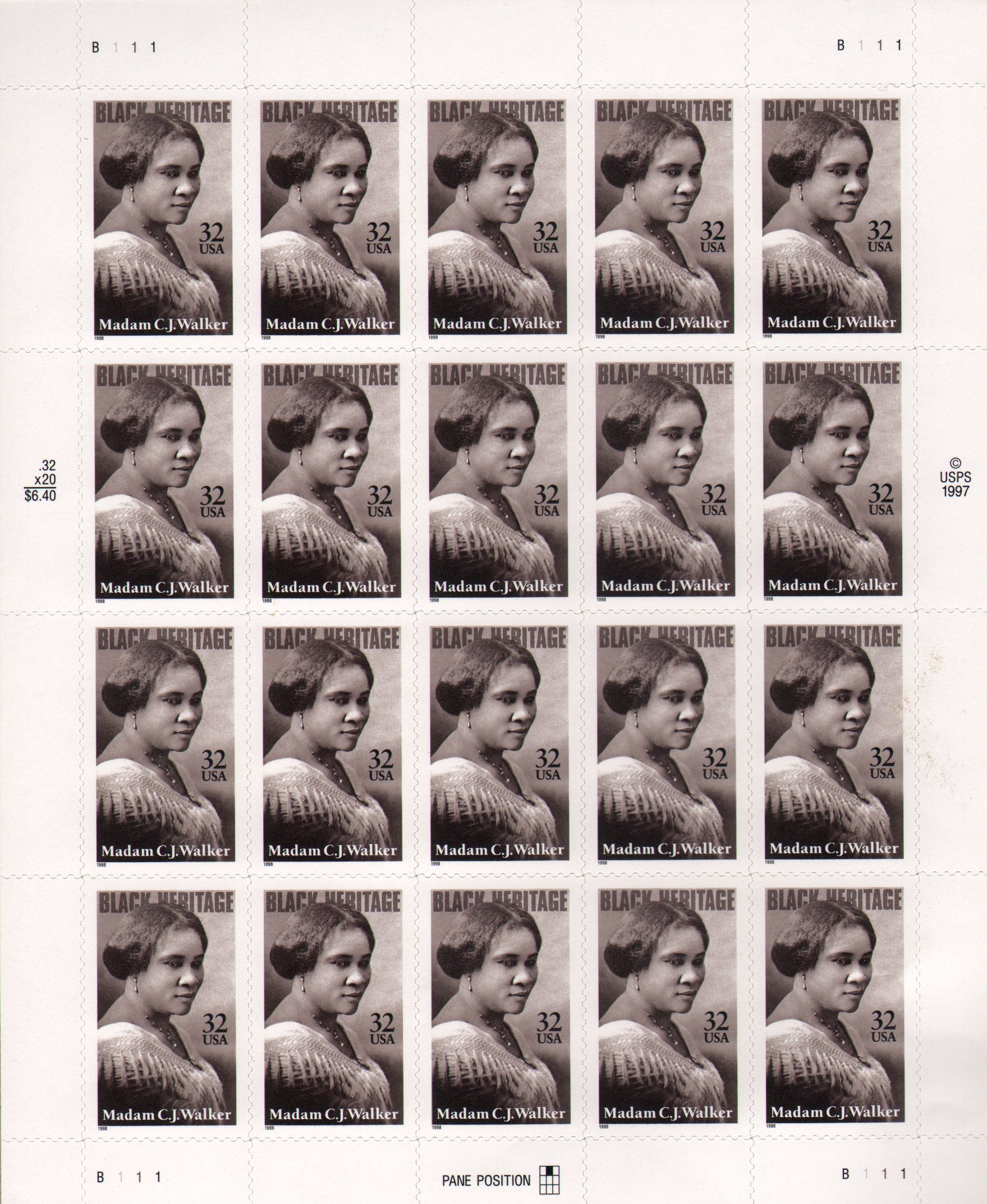 Madam C. J. Walker Black Heritage Sheet of Twenty 32 Cent Stamps Scott 3181