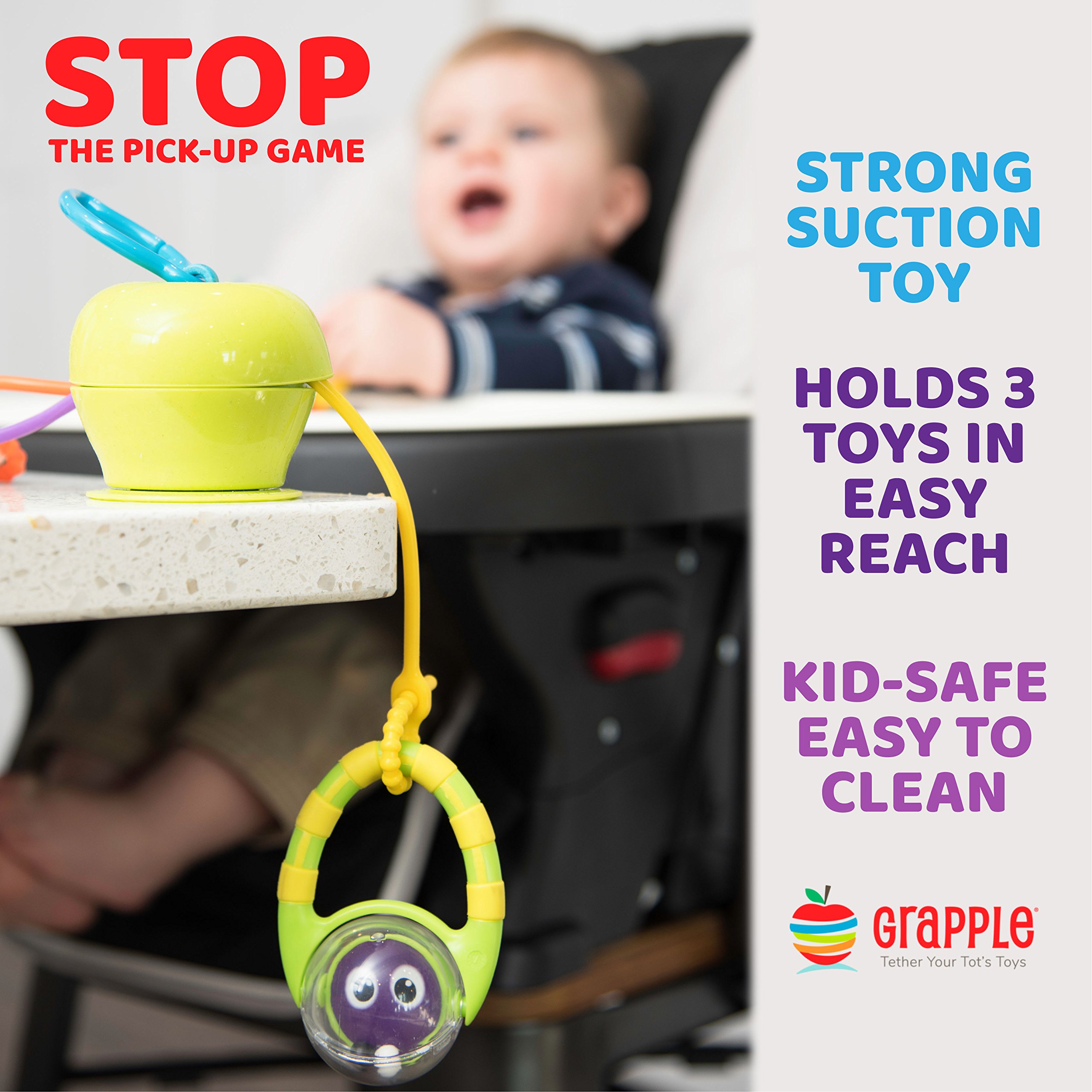 Grapple Suction Cup High Chair Toys Holder | 3 Toy Tethers Keep Toys from Falling | Holds Teethers, Toys, Snack Cups | for Babies 6-12 Months | Perfect for Travel and Restaurant