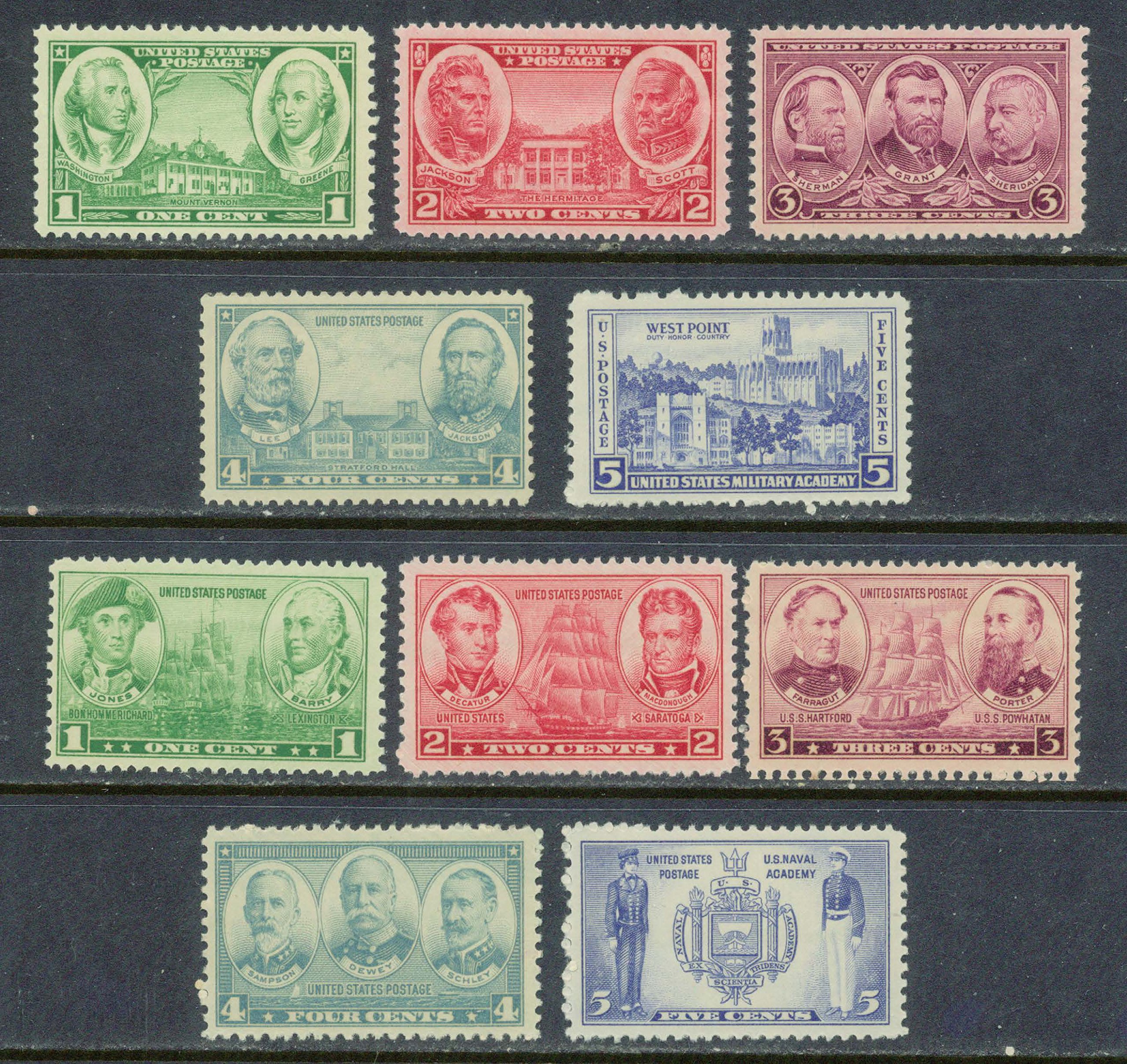 Complete 1936-37 Army and Navy Postage Stamps, Mint. Washington, Jackson, Grant, West Point, John Paul Jones, Naval Academy