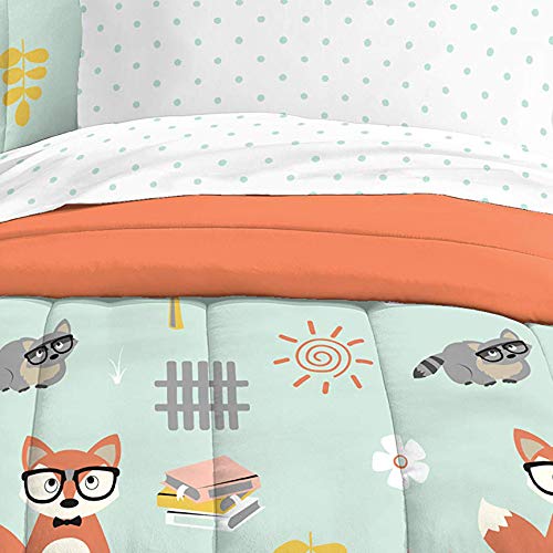 dream FACTORY Kids 5-Piece Complete Set Easy-Wash Super Soft Microfiber Comforter Bedding, Twin, Green Woodland Friends