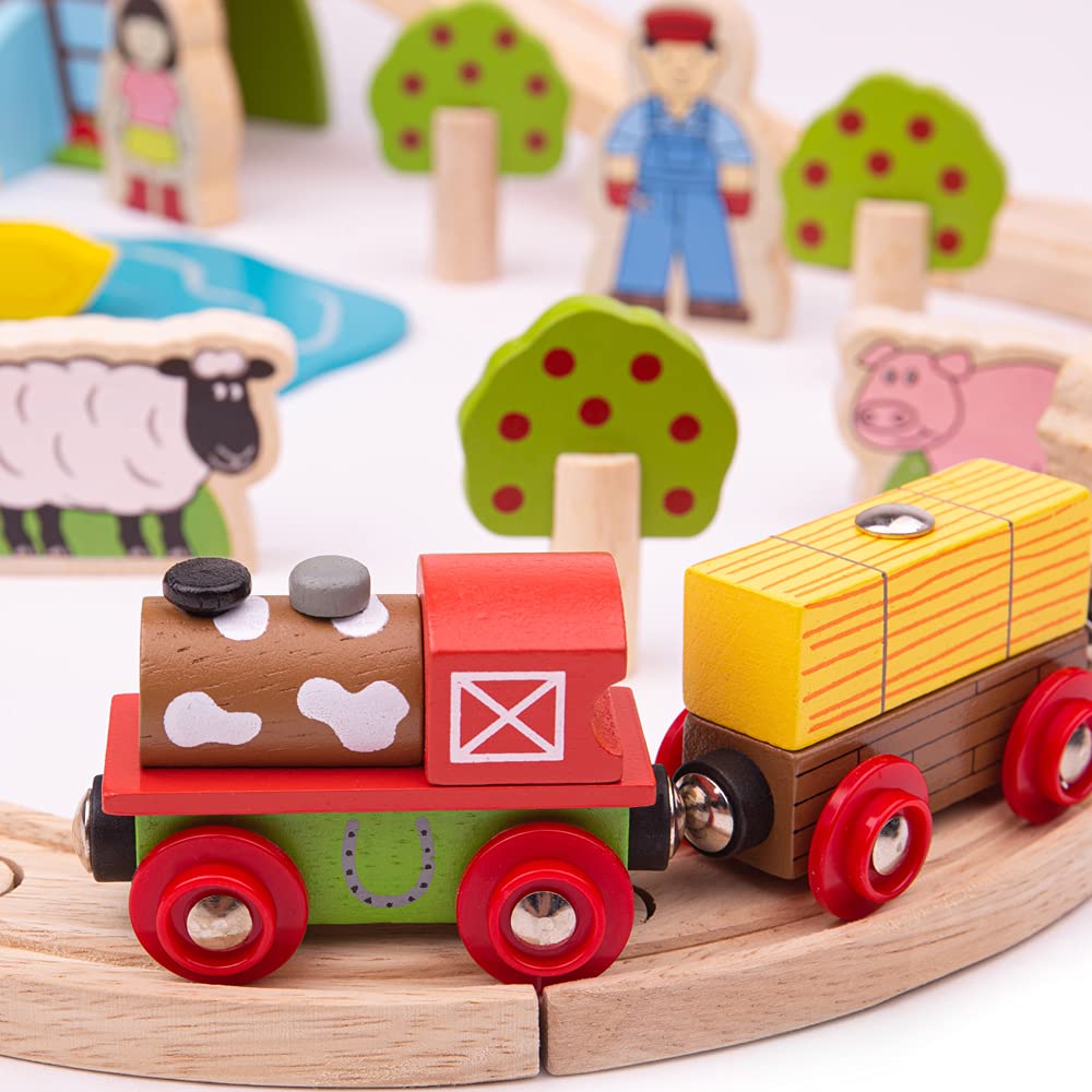 Bigjigs Rail, Farm Animals Wooden Train Set, Wooden Toys, 44 Piece Train Set, Wooden Train Track, Farm Toys, Wooden Toys for 3 Year Olds, Farm Set