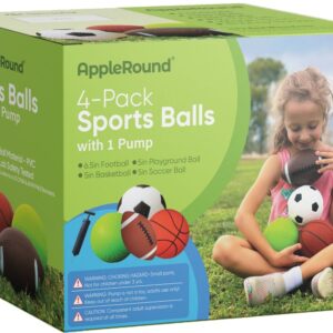 AppleRound Pack of 4 Sports Balls with 1 Pump for Toddlers and Kids: 1 Each of 5-Inch Soccer Ball, 5-Inch Basketball, 5-Inch Playground Ball, and 6.5-Inch Football