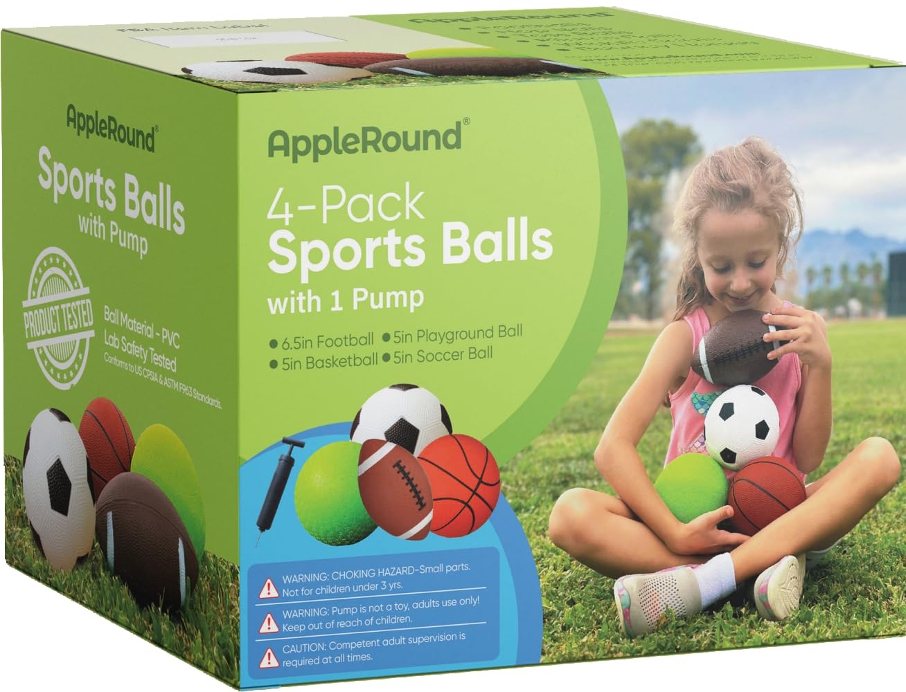 AppleRound Pack of 4 Sports Balls with 1 Pump for Toddlers and Kids: 1 Each of 5-Inch Soccer Ball, 5-Inch Basketball, 5-Inch Playground Ball, and 6.5-Inch Football