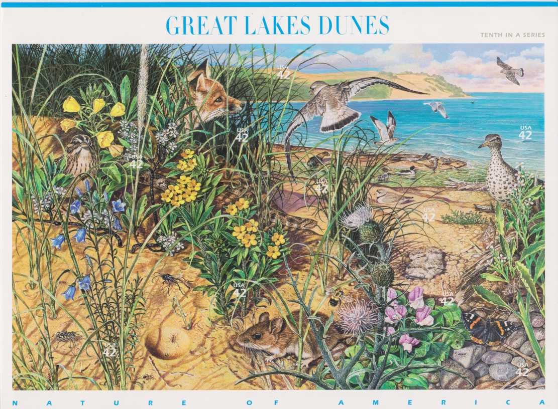 Great Lakes Dunes (Nature of America) Full Sheet of 10 x 42-Cent Postage Stamps, USA 2008, Scott 4352