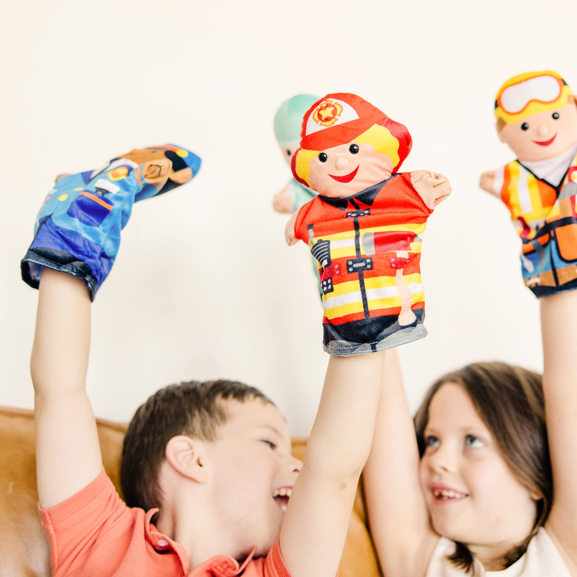 Melissa & Doug Jolly Helpers Hand Puppets (Set of 4) - Construction Worker, Doctor, Police Officer, and Firefighter - Role Play Hand Puppets, Soft Hand Puppets For Toddlers Ages 2+