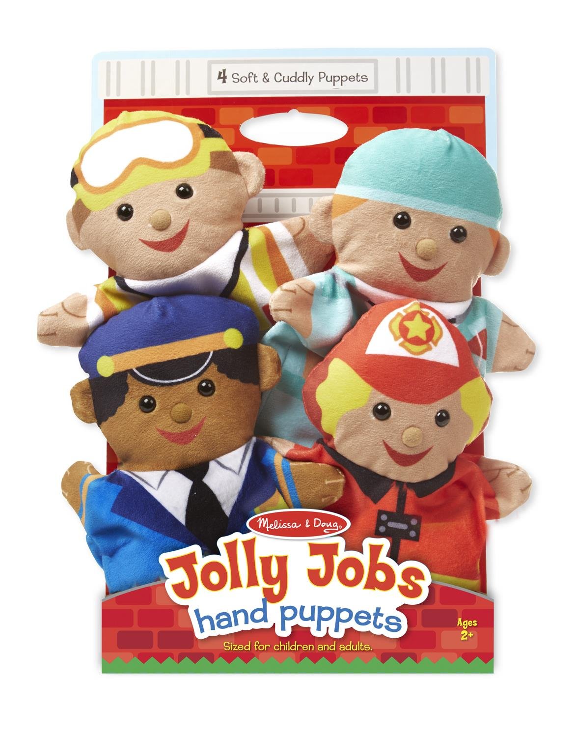 Melissa & Doug Jolly Helpers Hand Puppets (Set of 4) - Construction Worker, Doctor, Police Officer, and Firefighter - Role Play Hand Puppets, Soft Hand Puppets For Toddlers Ages 2+