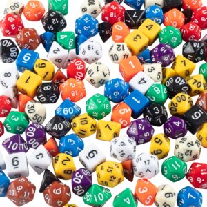 monster gaming 100 dice value pack - 10 multi-colored assorted polyhedral die, compatible with dungeons dragons, mtg magic, rpg dnd & board games- includes d4, d6, d8, d10, d12, d20