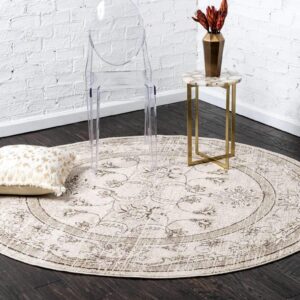 Unique Loom La Jolla Collection Botanical, Contemporary, Traditional, Rustic, Border Area Rug, 12' 2" Round, Ivory/Beige