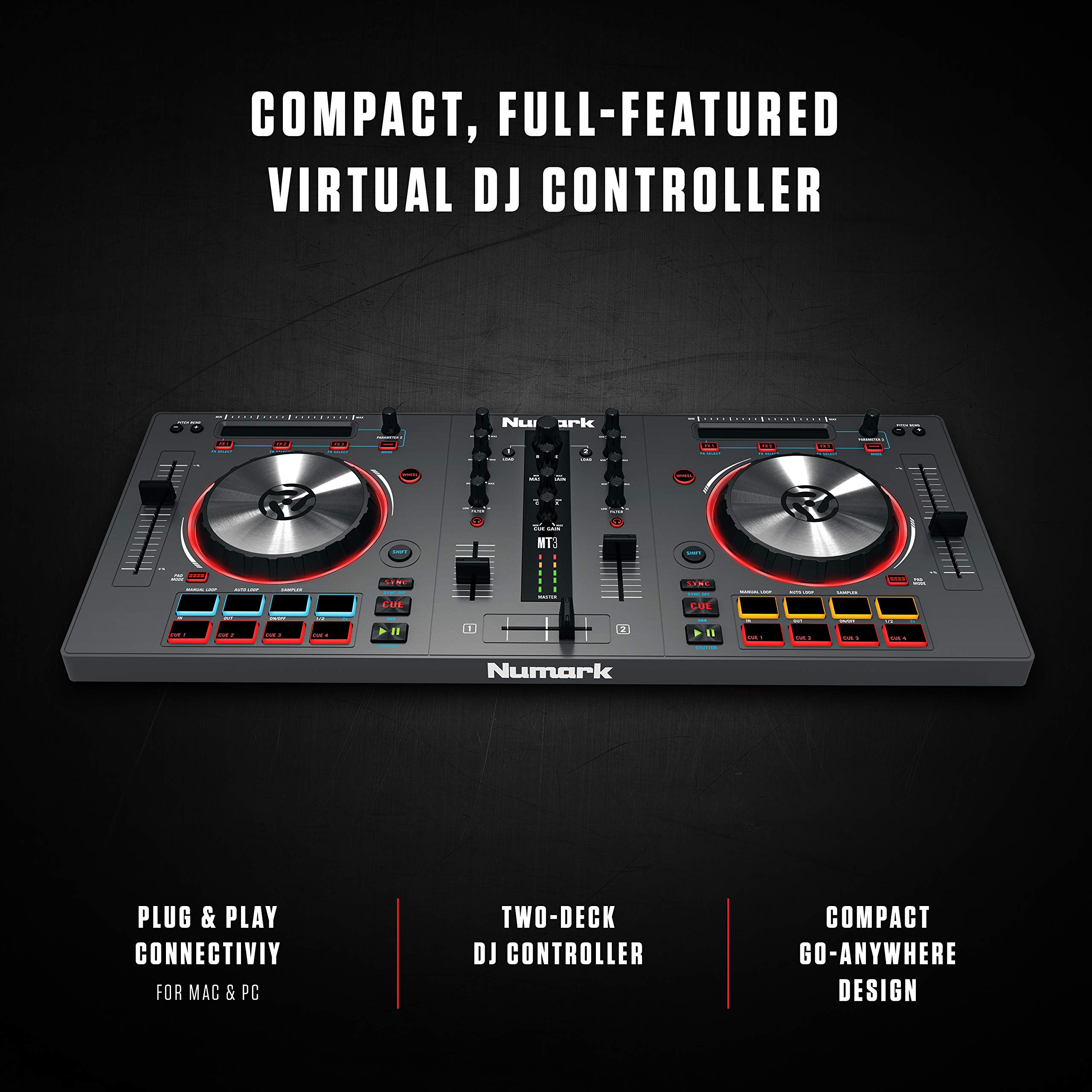 Numark Mixtrack 3 | All-In-One 2-Deck DJ Controller for Serato DJ Including an Long-Throw Pitch Faders, 5-inch High Resolution Jog Wheels and Virtual DJ LE & Prime Loops Remix Tool Kit