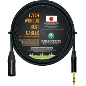 10 foot - quad balanced patch cable custom made by worlds best cables – using mogami 2534 wire and neutrik nc3mxx-b male xlr & np3x-b trs stereo phone plug.