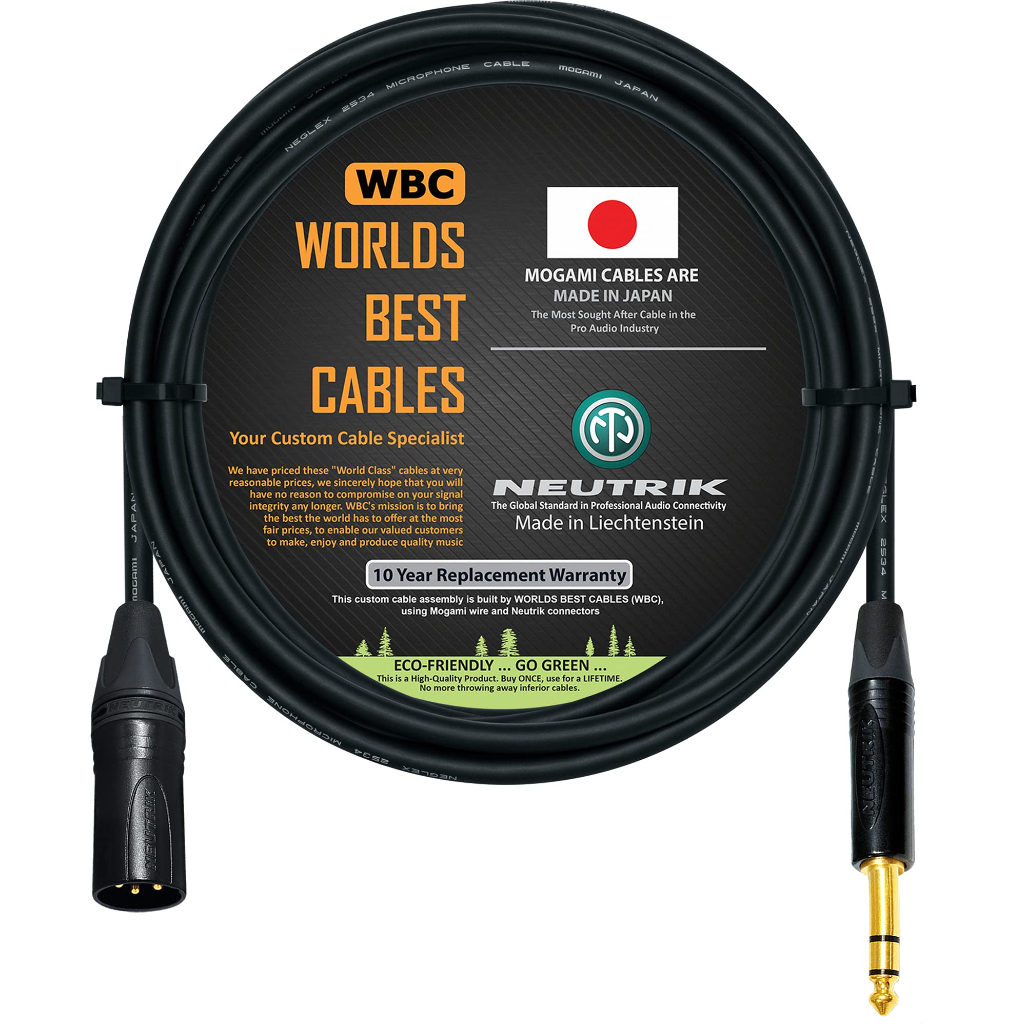 10 Foot - Quad Balanced Patch Cable CUSTOM MADE By WORLDS BEST CABLES – using Mogami 2534 wire and Neutrik NC3MXX-B Male XLR & NP3X-B TRS Stereo Phone Plug.