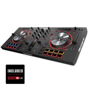 numark mixtrack 3 | all-in-one 2-deck dj controller for serato dj including an long-throw pitch faders, 5-inch high resolution jog wheels and virtual dj le & prime loops remix tool kit