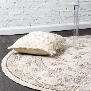 Unique Loom La Jolla Collection Botanical, Contemporary, Traditional, Rustic, Border Area Rug, 12' 2" Round, Ivory/Beige