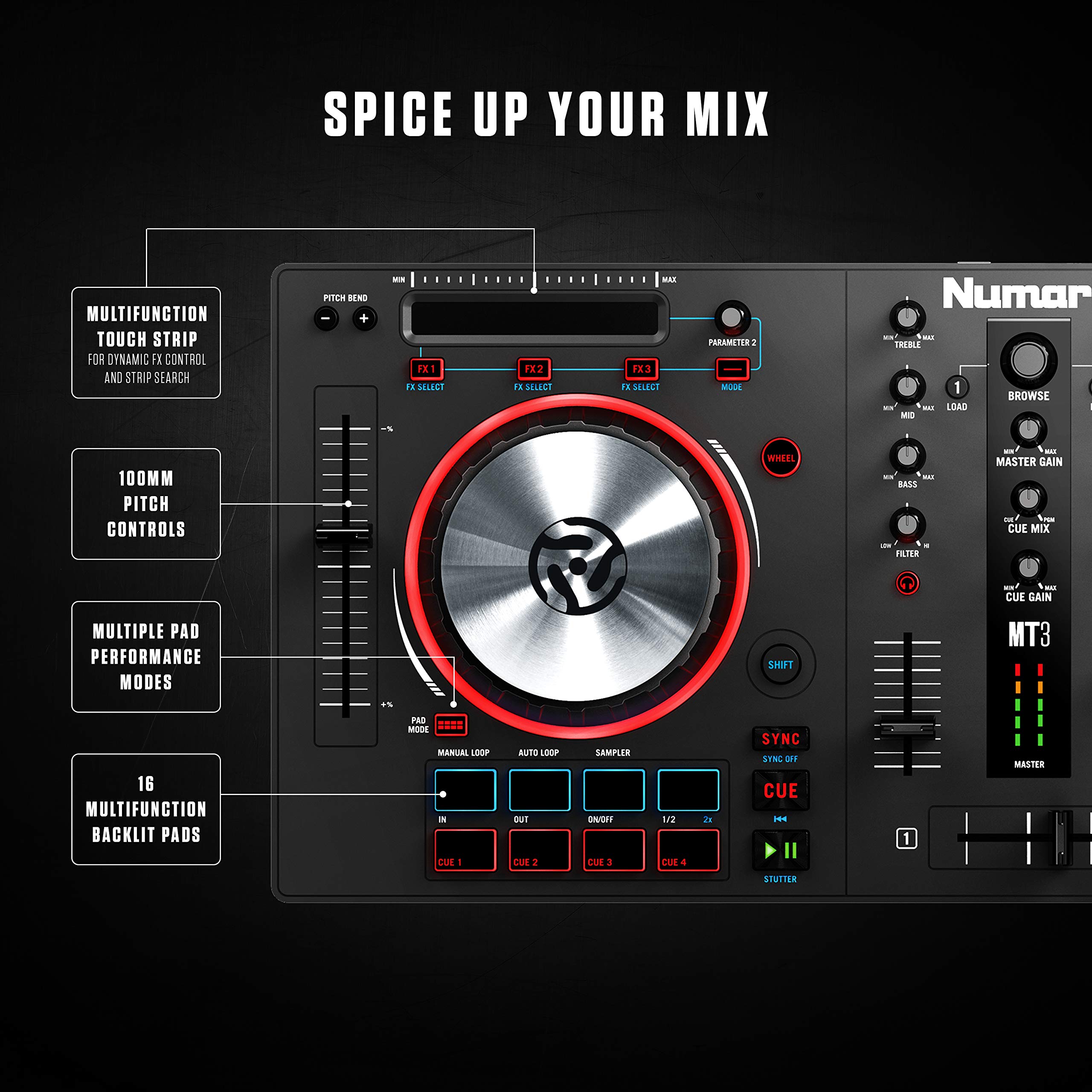 Numark Mixtrack 3 | All-In-One 2-Deck DJ Controller for Serato DJ Including an Long-Throw Pitch Faders, 5-inch High Resolution Jog Wheels and Virtual DJ LE & Prime Loops Remix Tool Kit