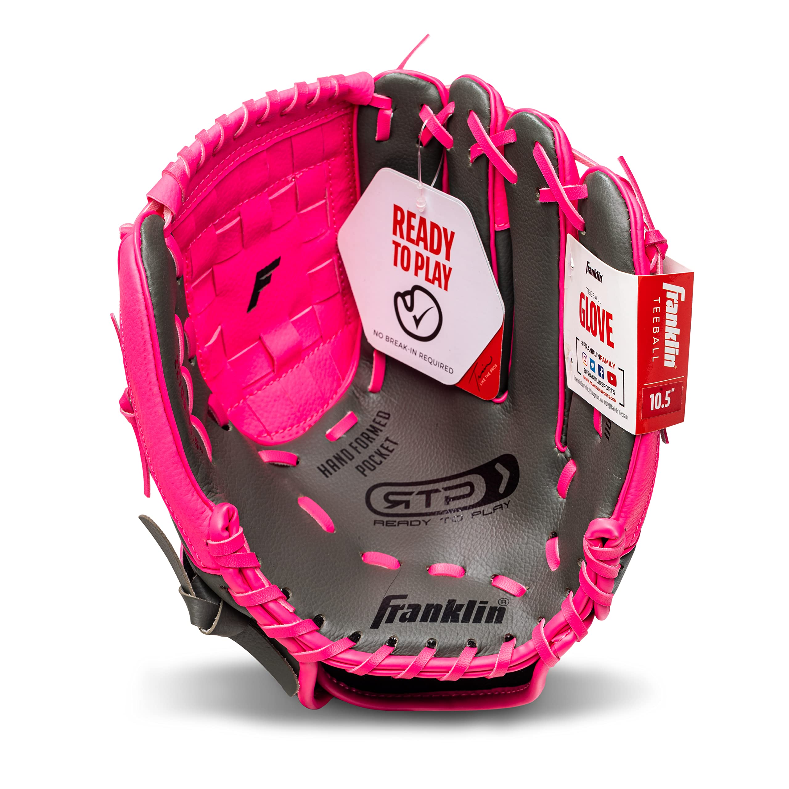 Franklin Sports Kids Baseball Gloves - RTP Child's Tee Ball Glove + Ball Set - Boys + Girls Tee Ball Mitt - Kid + Toddler - Right Hand Throw - Pink - 10.5"