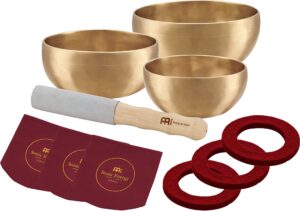 3 piece bronze singing bowl set with mallet, felt rings and covers, universal series — made in india — for meditation, yoga and sound healing therapy, 2-year warranty