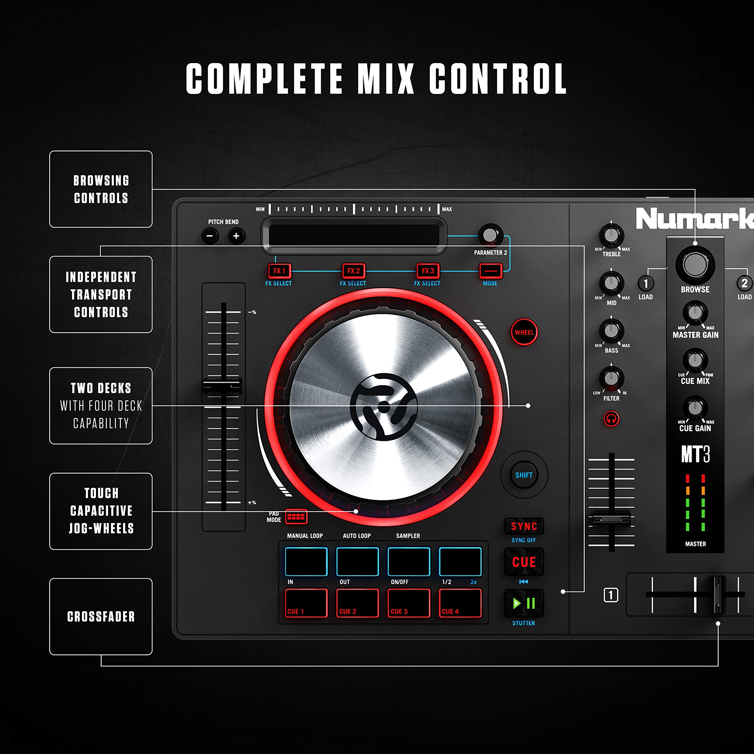 Numark Mixtrack 3 | All-In-One 2-Deck DJ Controller for Serato DJ Including an Long-Throw Pitch Faders, 5-inch High Resolution Jog Wheels and Virtual DJ LE & Prime Loops Remix Tool Kit