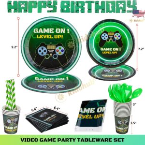 Kidohub Video Game Birthday Party Supplies: Video Game Decorations, Party Tableware, Table Cover, Birthday Banner, Balloons, Bracelets, Tattoo Stickers, Gift Boxes, 185 Pcs Serves 16 Guests