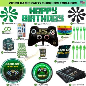 Kidohub Video Game Birthday Party Supplies: Video Game Decorations, Party Tableware, Table Cover, Birthday Banner, Balloons, Bracelets, Tattoo Stickers, Gift Boxes, 185 Pcs Serves 16 Guests