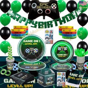 kidohub video game birthday party supplies: video game decorations, party tableware, table cover, birthday banner, balloons, bracelets, tattoo stickers, gift boxes, 185 pcs serves 16 guests