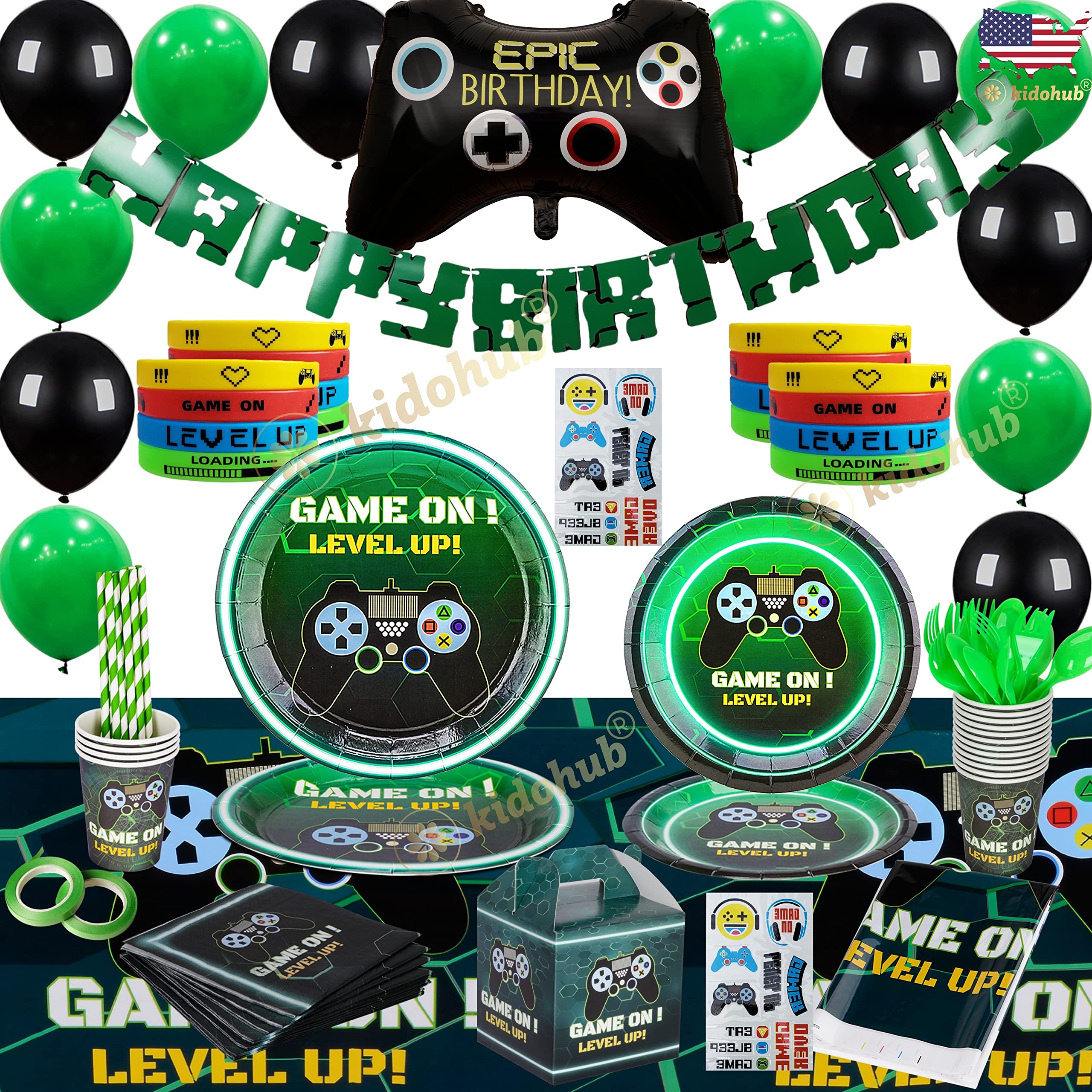 Kidohub Video Game Birthday Party Supplies: Video Game Decorations, Party Tableware, Table Cover, Birthday Banner, Balloons, Bracelets, Tattoo Stickers, Gift Boxes, 185 Pcs Serves 16 Guests