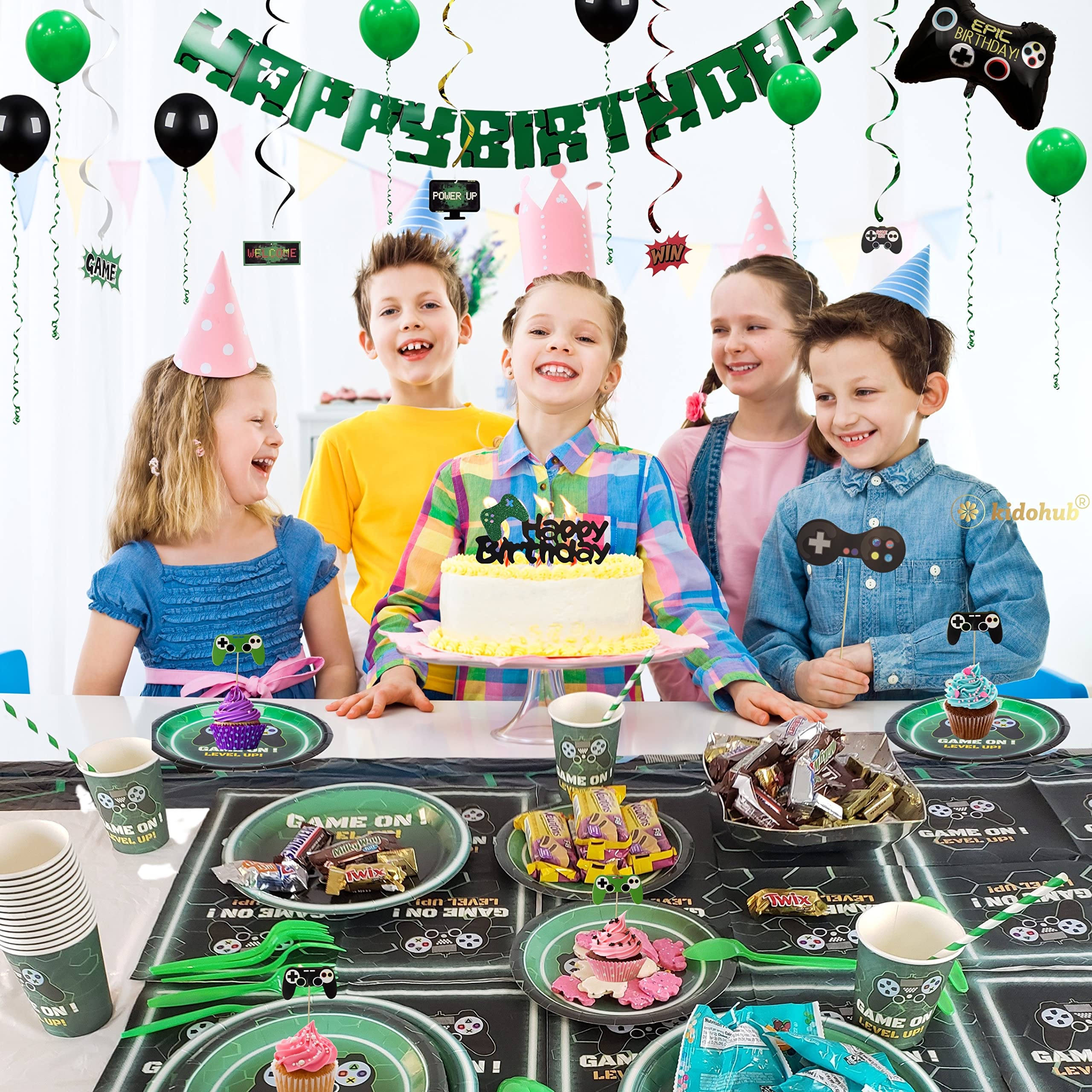 Kidohub Video Game Birthday Party Supplies: Video Game Decorations, Party Tableware, Table Cover, Birthday Banner, Balloons, Bracelets, Tattoo Stickers, Gift Boxes, 185 Pcs Serves 16 Guests