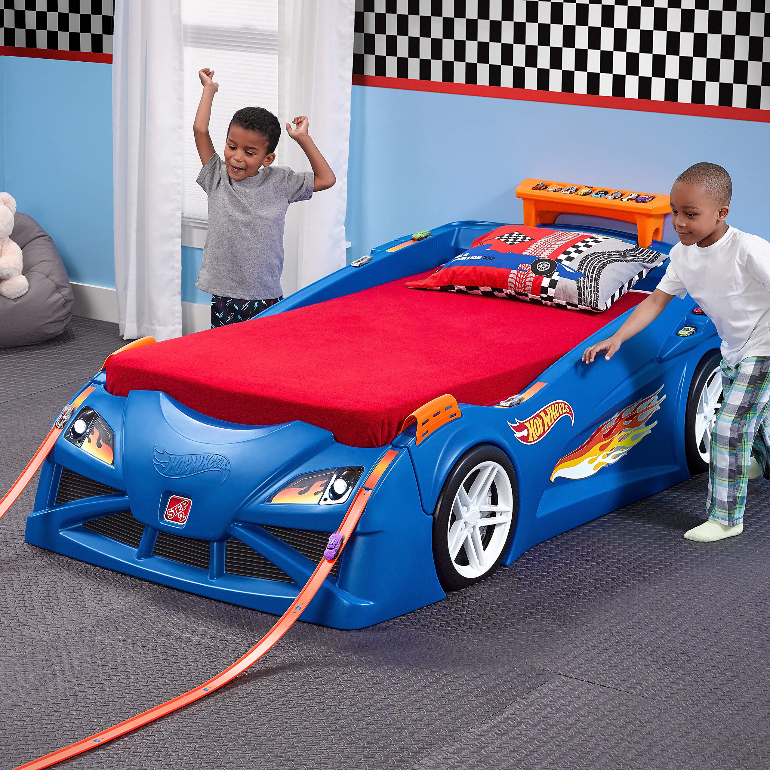 Step2 733538854691 Hot Wheels Toddler to Twin Bed with Lights Vehicle, Blue, Red, Orange