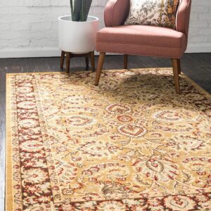 Unique Loom Voyage Collection Traditional Oriental Classic Intricate Border Design Area Rug, 9' 0" x 12' 0", Gold/Brown