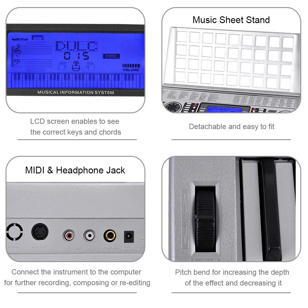 AW 61 Key Electric Keyboard Organ LCD Screen MIDI Silver Sheet Music Stand Digital Demo Songs Midi Output 125 Rhythms 345 timbress Personal Electronic Piano