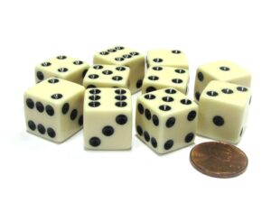 set of 10 six sided square opaque 16mm d6 dice - ivory with black pip die by koplow games