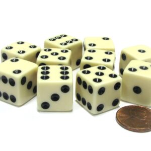 Set of 10 Six Sided Square Opaque 16mm D6 Dice - Ivory with Black Pip Die by Koplow Games