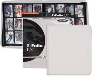 bcw z-folio lx zipper portfolio - premium white leatherette 12-pocket playset album - secure zipper - 480 card capacity - card collector's dream - card organizer - trading card storage