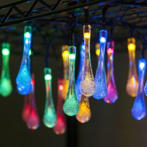 goodia solar outdoor string lights, 15.7ft 20 led water drop icicle ambiance lighting for indoor,bedroom,patio,lawn,landscape,fairy garden,home,wedding,holiday,christmas tree,party