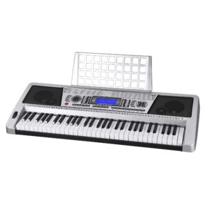 aw 61 key electric keyboard organ lcd screen midi silver sheet music stand digital demo songs midi output 125 rhythms 345 timbress personal electronic piano