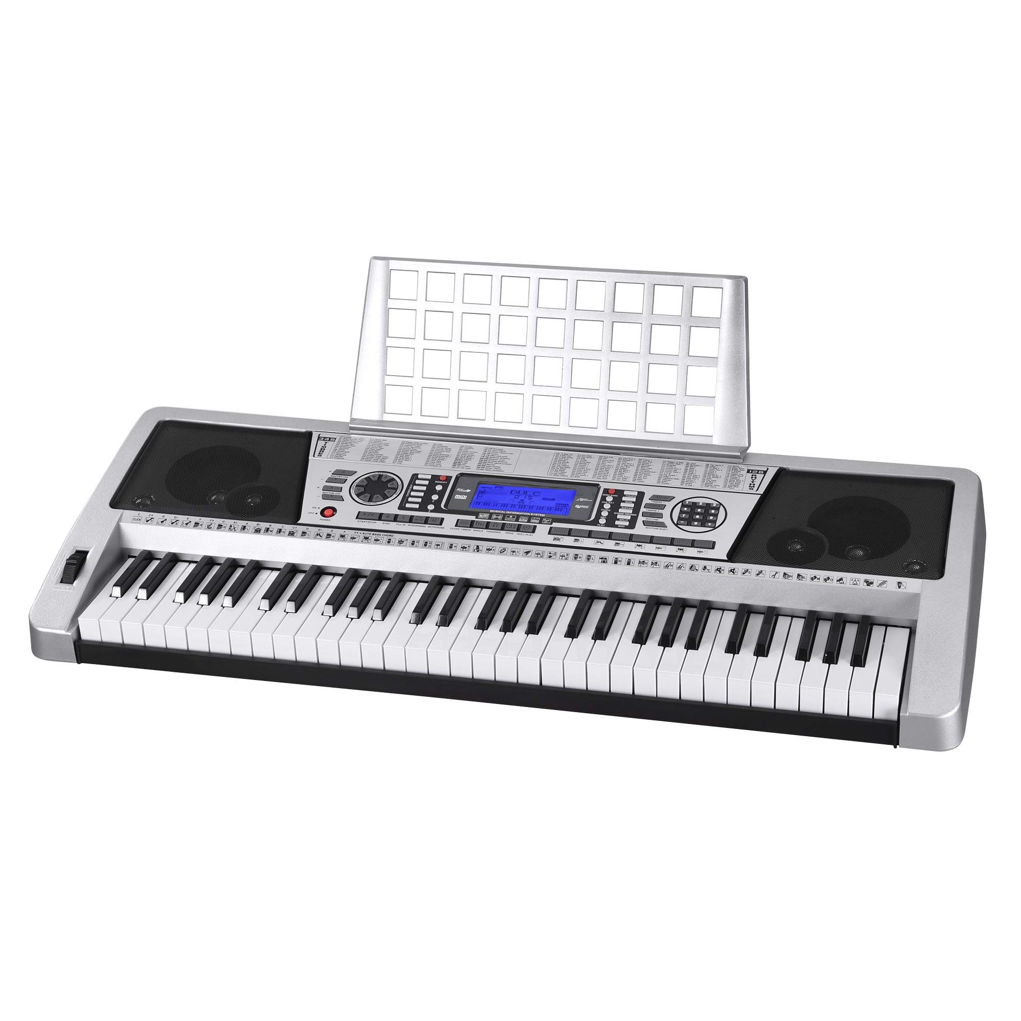 AW 61 Key Electric Keyboard Organ LCD Screen MIDI Silver Sheet Music Stand Digital Demo Songs Midi Output 125 Rhythms 345 timbress Personal Electronic Piano