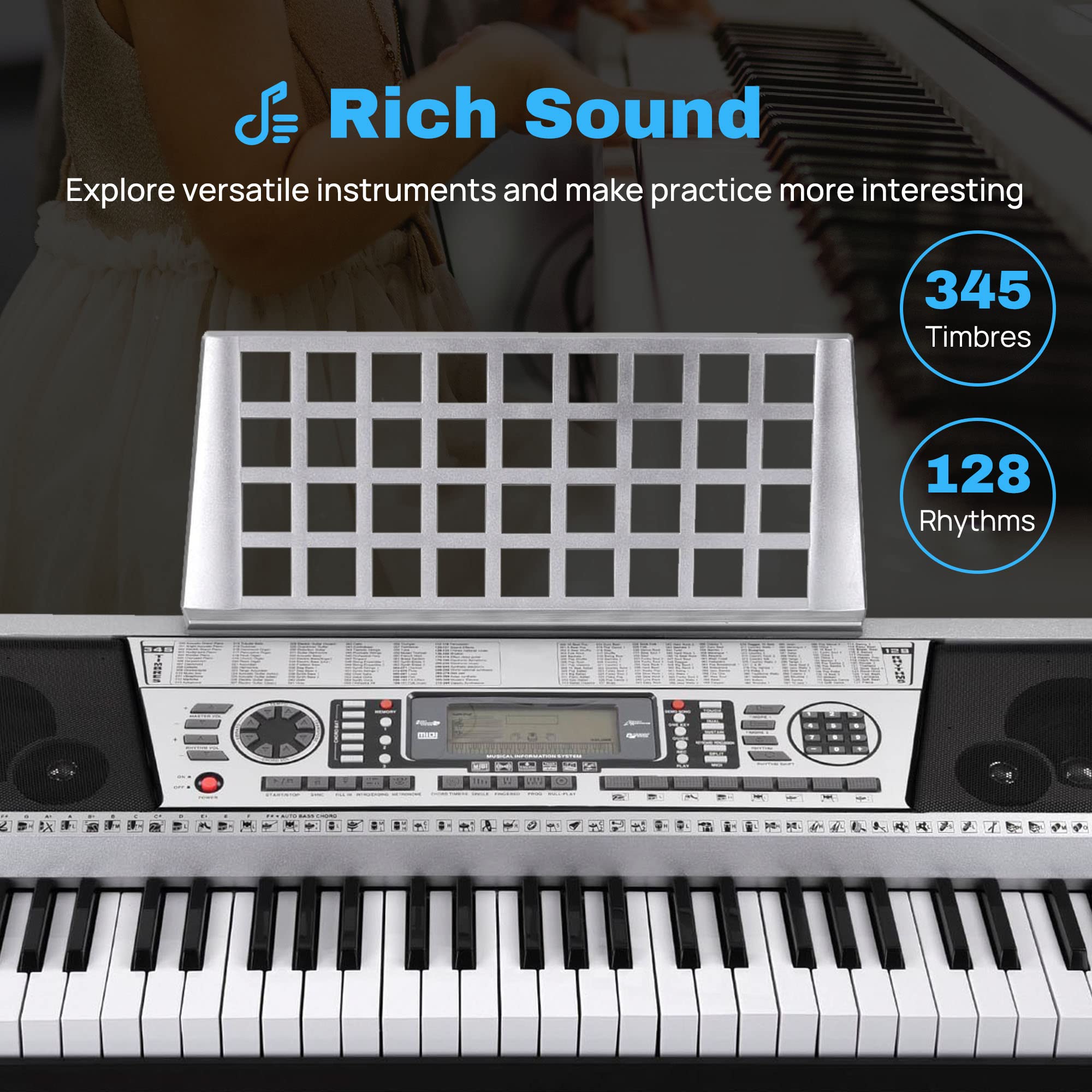 AW 61 Key Electric Keyboard Organ LCD Screen MIDI Silver Sheet Music Stand Digital Demo Songs Midi Output 125 Rhythms 345 timbress Personal Electronic Piano