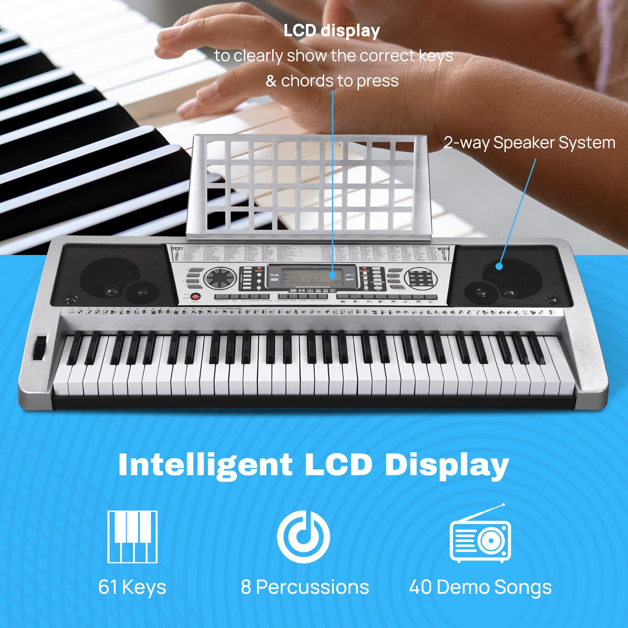 AW 61 Key Electric Keyboard Organ LCD Screen MIDI Silver Sheet Music Stand Digital Demo Songs Midi Output 125 Rhythms 345 timbress Personal Electronic Piano