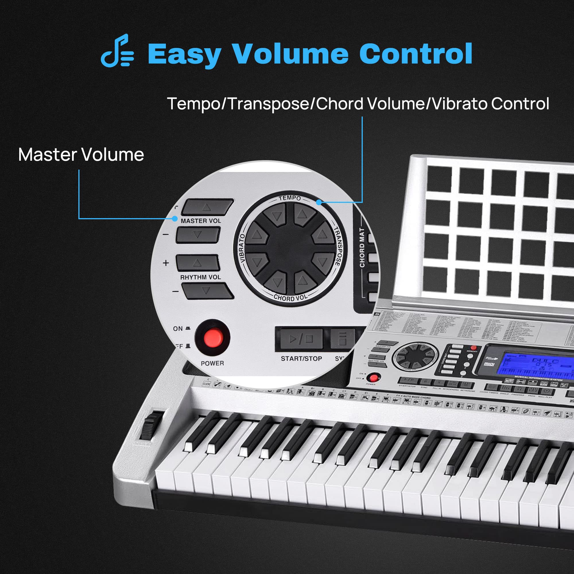 AW 61 Key Electric Keyboard Organ LCD Screen MIDI Silver Sheet Music Stand Digital Demo Songs Midi Output 125 Rhythms 345 timbress Personal Electronic Piano