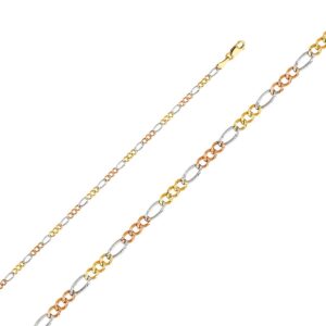 14k real tri color gold solid 2.5mm figaro 3+1 concave chain necklace with lobster claw clasp - 18"