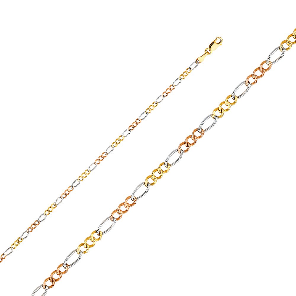 14k REAL Tri Color Gold Solid 2.5mm Figaro 3+1 Concave Chain Necklace with Lobster Claw Clasp - 18"