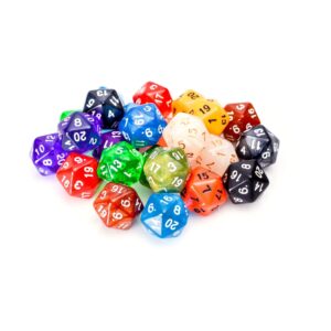 25 count assorted pack of 20 sided dice - multi colored assortment of d20 polyhedral dice