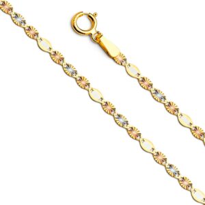 14k real tri color gold solid 2mm flat star diamond cut chain necklace with spring ring clasp - 18"