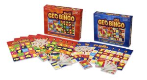 geotoys geobingo set, world & usa bingo for kids, geography game for home & school, bingo games for family, play & learn usa states and capitals & world countries - bingo game for kids ages 4 and up