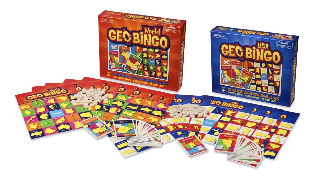 GeoToys GeoBingo Set, World & USA Bingo for Kids, Geography Game for Home & School, Bingo Games for Family, Play & Learn USA States and Capitals & World Countries - Bingo Game for Kids Ages 4 and Up