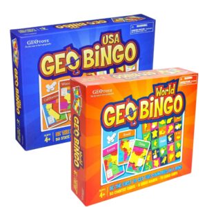 GeoToys GeoBingo Set, World & USA Bingo for Kids, Geography Game for Home & School, Bingo Games for Family, Play & Learn USA States and Capitals & World Countries - Bingo Game for Kids Ages 4 and Up