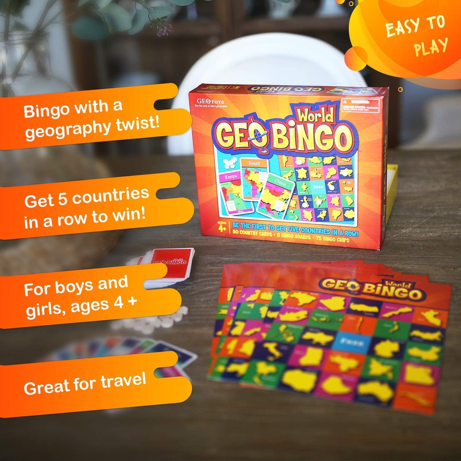 GeoToys GeoBingo Set, World & USA Bingo for Kids, Geography Game for Home & School, Bingo Games for Family, Play & Learn USA States and Capitals & World Countries - Bingo Game for Kids Ages 4 and Up