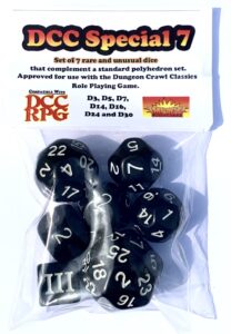 dcc special 7 - black - set of 7 rare and unusual rpg dice approved for use with dungeon crawl classics…