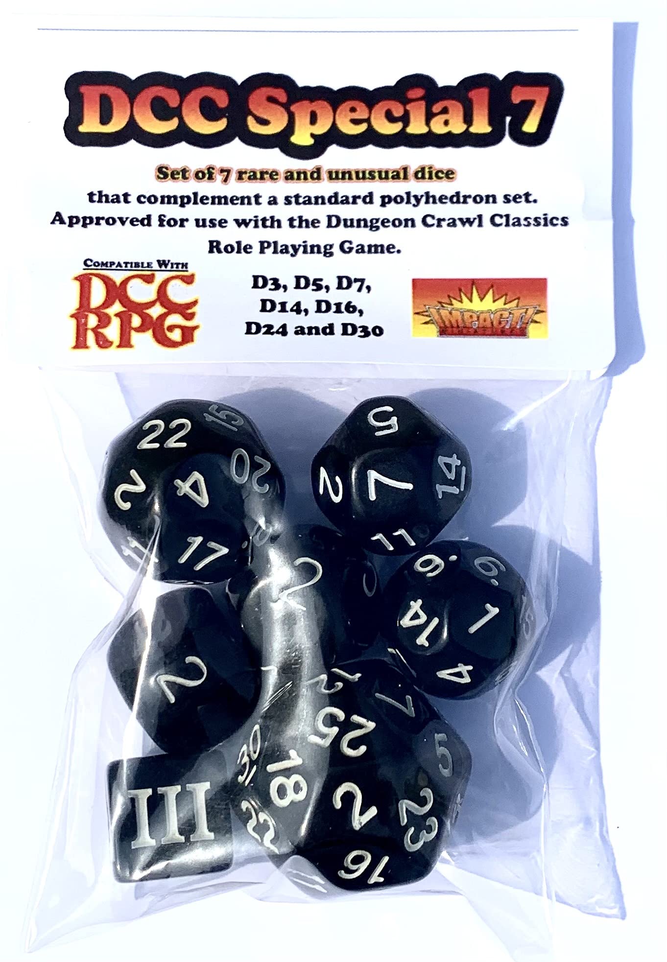 DCC Special 7 - Black - Set of 7 Rare and Unusual RPG dice Approved for use with Dungeon Crawl Classics…