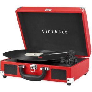 victrola vintage 3-speed bluetooth portable suitcase record player with built-in speakers | upgraded turntable audio sound|red, model number: vsc-550bt-rd